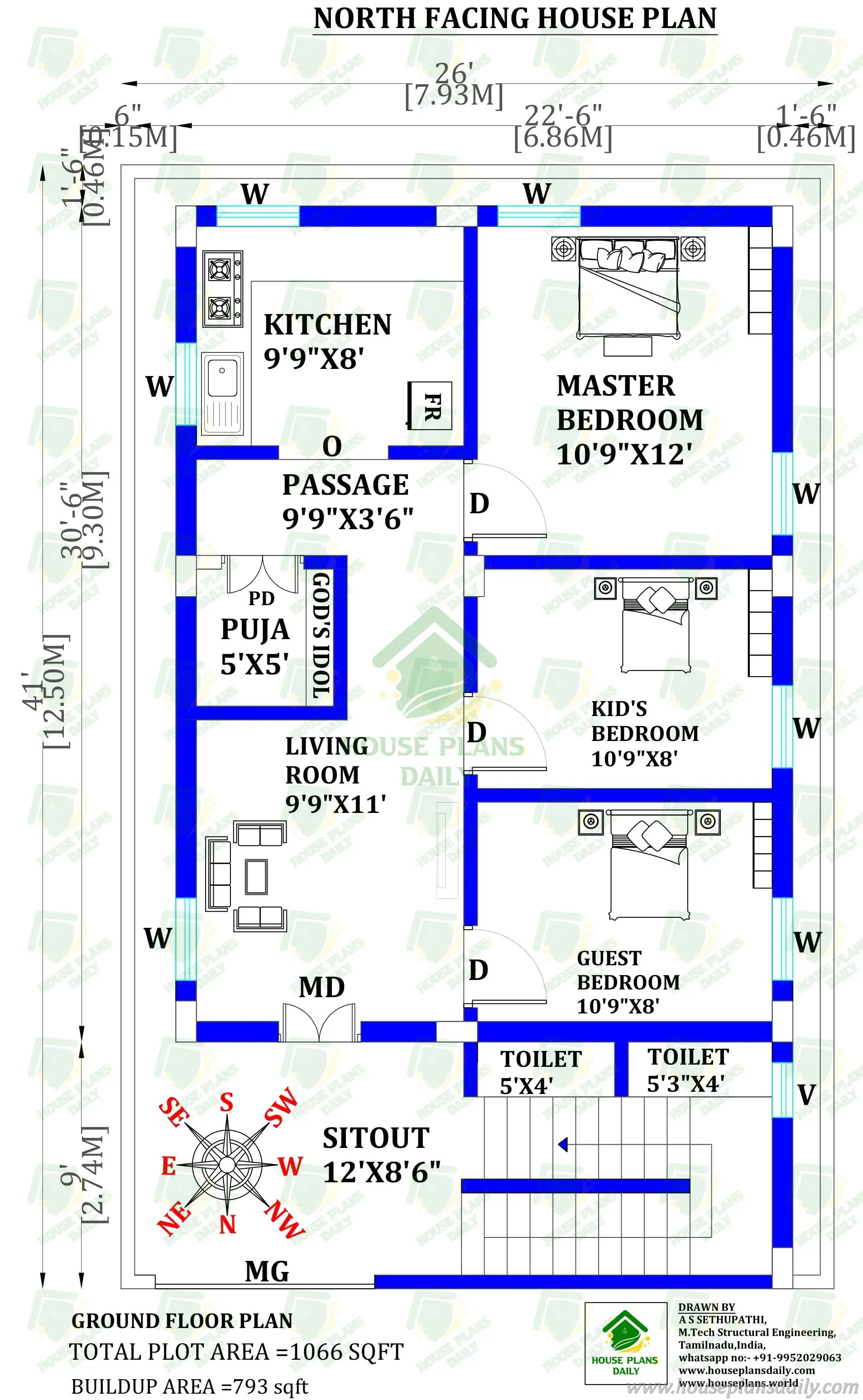 3BHK NORTH FACING HOUSE PLAN | VASTU GROUND FLOOR HOME | Houseplans.world